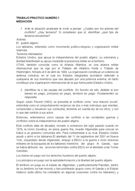 TP 1 Mediacion TRABAJO PRACTICO NUMERO 1 MEDIACION Ante la situación