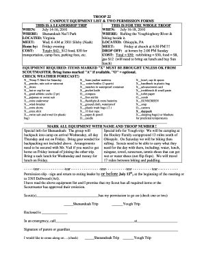 Fillable Online Troop Campout Equipment List Two Permission