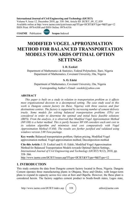 modified vogel approximation method for balanced transportation models towards optimal option