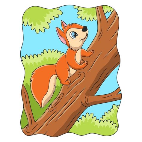 Ilustración de dibujos animados una ardilla trepando un árbol grande