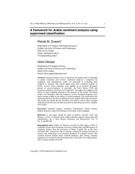pdf a framework for arabic sentiment analysis using supervised classification
