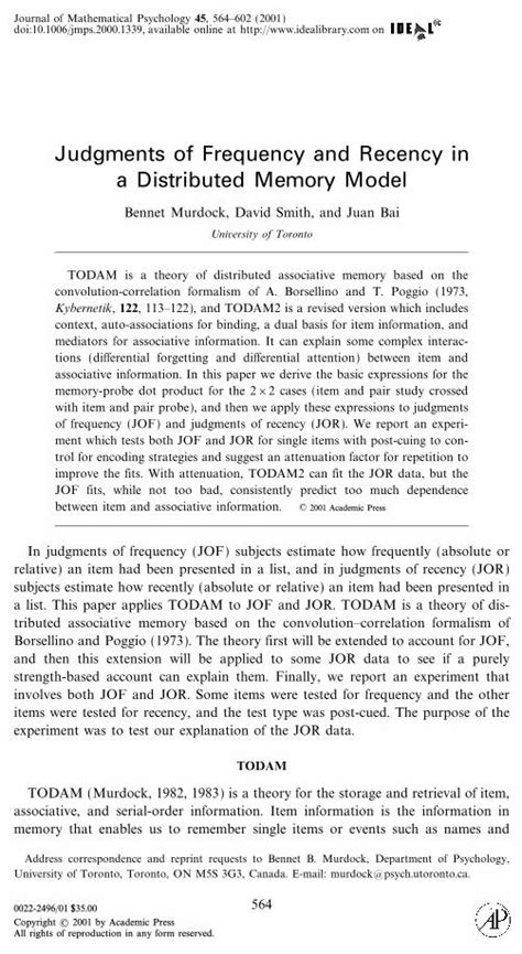 pdf judgments of frequency and recency in a distributed memory model dokumen tips