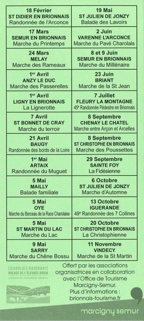 Calendrier 2024 des randonnées pédestres autour de Marcigny Semur en