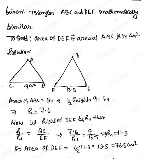 solved triangles abc and def are mathematically similar the area of triangle abc is 34cm 2