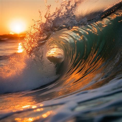 Premium AI Image Ocean Wave Breaking On The Beach At Sunset Beautiful