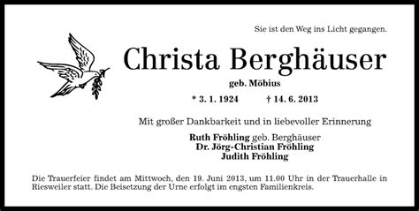 Traueranzeigen von Christa Berghäuser rz trauer de