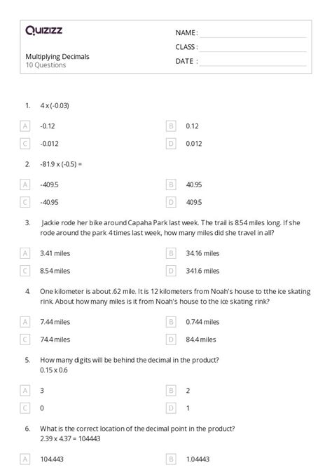 Multiplying Decimals Worksheets For Th Grade On Quizizz