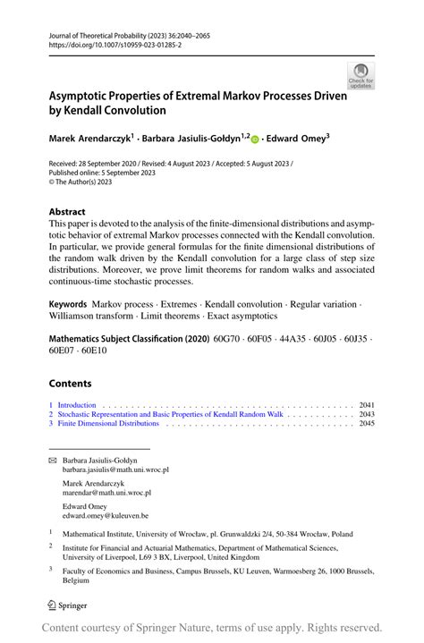 pdf asymptotic properties of extremal markov processes driven by kendall convolution