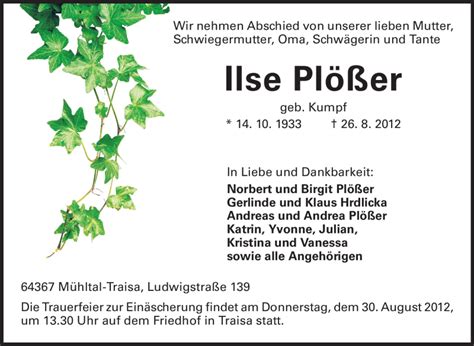 Traueranzeigen von Ilse Plößer vrm trauer de