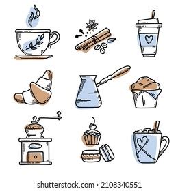 Coffee Stickers Set Vector Sketch Illustration Stock Vector Royalty