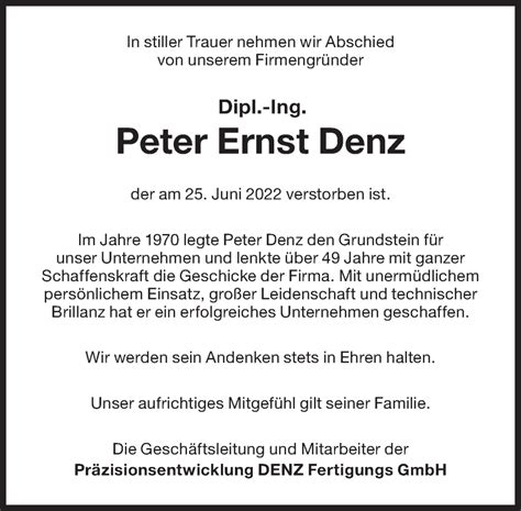 Traueranzeigen Von Peter Ernst Denz SZ Gedenken De