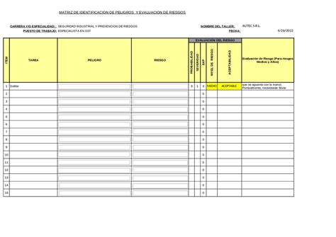 MATRIZ IPER C FORMATO EN EXCEL Ejercicios De Seguridad En El Lugar De