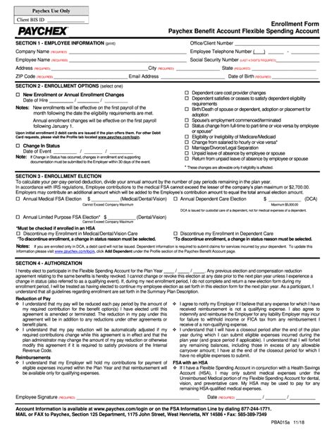 Fillable Online Enrollment Form Paychex Benefit Account Flexible