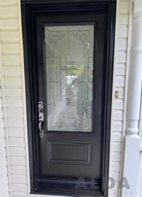 Black Front Door With Decorative Glass Insert Steel Door