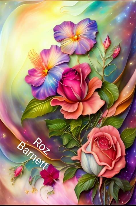 A Painting Of Flowers With The Words Roz Banter On It S Side