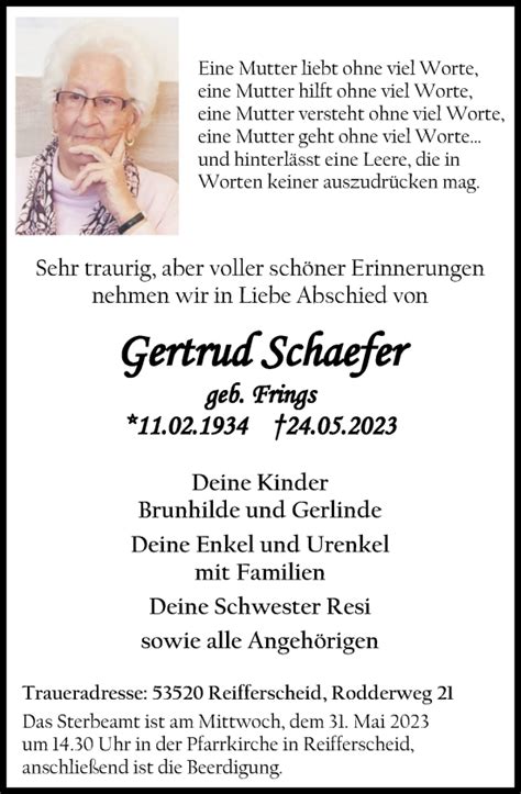 Traueranzeigen Von Gertrud Schaefer Rz Trauer De