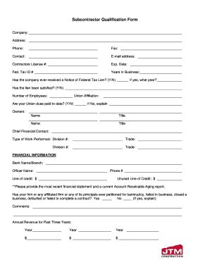 Fillable Online Subcontractor Qualification Form JTM Construction Fax