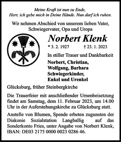 Traueranzeigen Von Norbert Klenk Sh Z Trauer