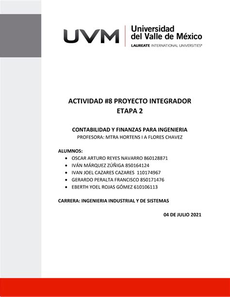 Actividad 8 Proyecto Integrador Etapa 2 Uvm ACTIVIDAD 8 PROYECTO