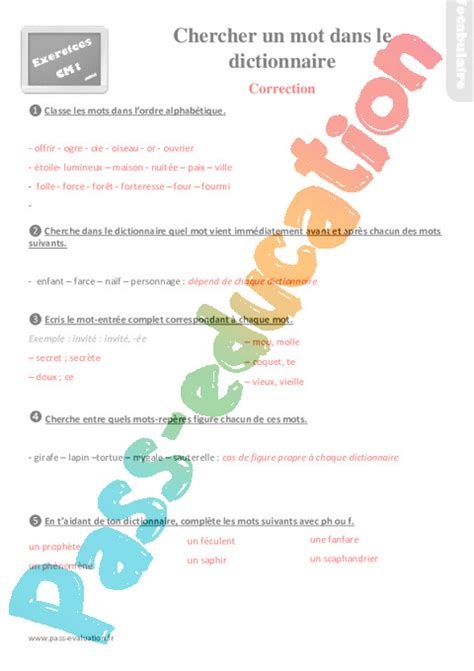 Evaluation Et Bilan Pour Le Cm1 Sur Chercher Un Mot Dans Un