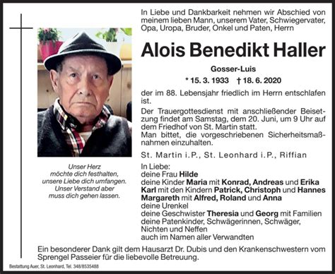 Traueranzeigen Von Alois Benedikt Haller Trauer Bz