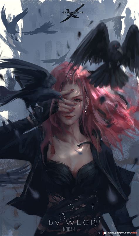 WLOP Anime Girl Birds Anime Redhead Painted Nails Fantasy Girl