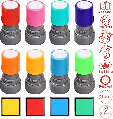 Lot De 8 Tampons Encreur Quatre Couleurs Avec Tampon Encreur Auto