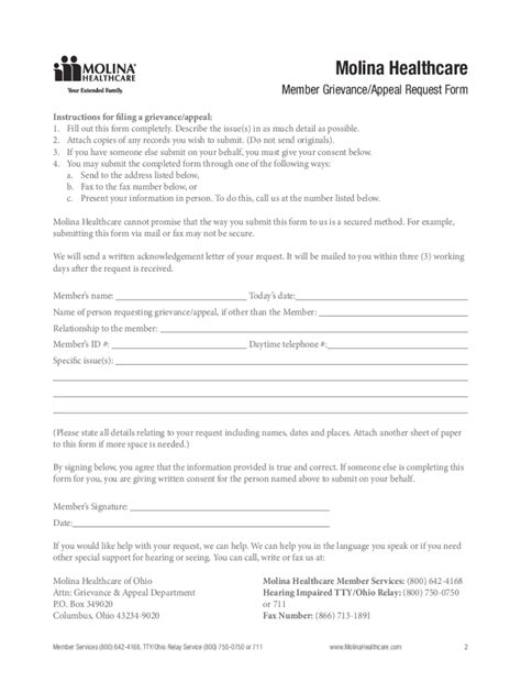 Fillable Online Member Grievance Appeal Request Form Molina