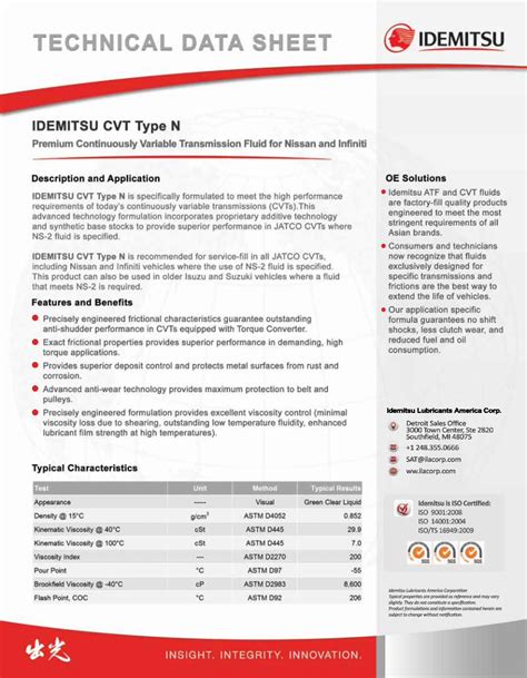 Pdf Tds Cvt N Idemitsu Lubricants Technical Idemitsu Cvt Type N