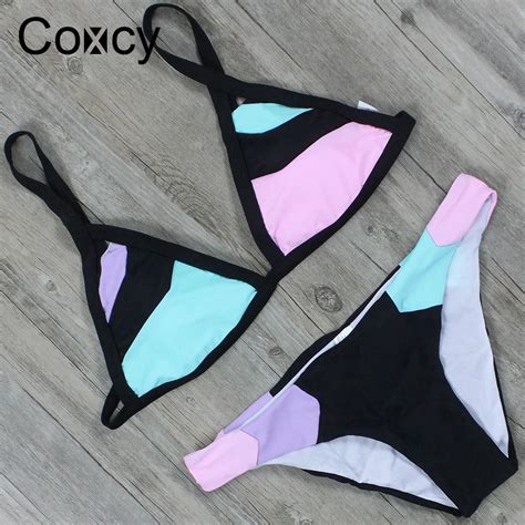 Coxcy Summer Bikinis Set Women Color Lattice Printed Bikini Sexy Low