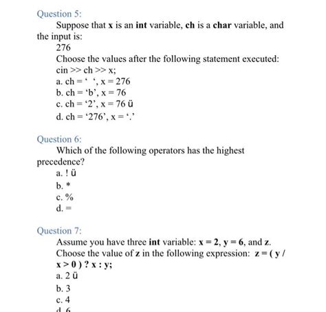 Solved Question Suppose That X Is An Int Variable Ch Is Chegg