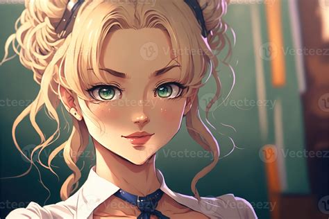 Ilustración De Joven Anime Mujer Profesor Con Verde Ojos Y Rubio Pelos Mira Adelante En Colegio