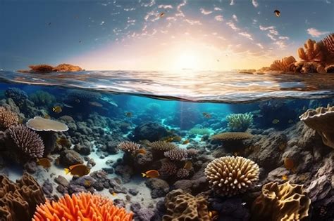 Premium AI Image Fish Swimming In Coral Reef Under Deep Blue Sea And