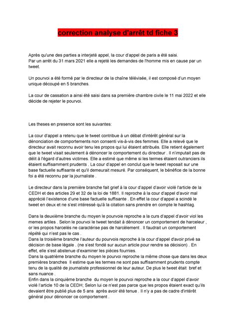 Td droit civil correction analyse d arrêt td fiche 3 Après qu une des