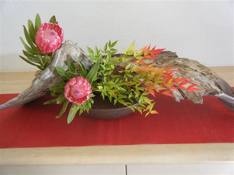 Protea With Driftwood Ikebana Flower Arrangement Flower Arrangements