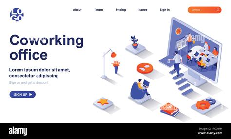 Coworking Office Isometric Landing Page Colleagues Work In Open Space
