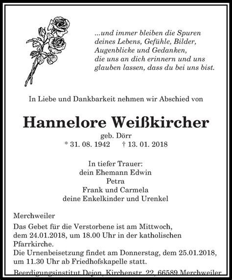 Traueranzeigen von Hannelore Weißkircher Saarbruecker Zeitung Trauer de