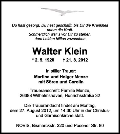 Traueranzeigen Von Walter Klein Nordwest Trauer De