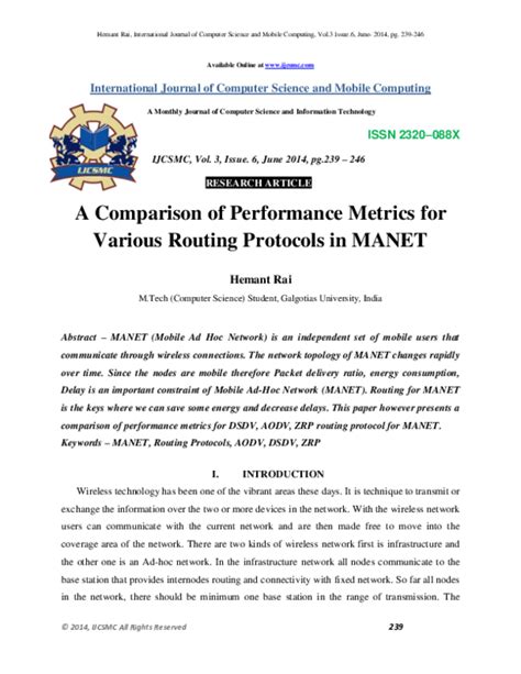 pdf a comparison of performance metrics for various routing protocols in manet﻿ ijcsmc