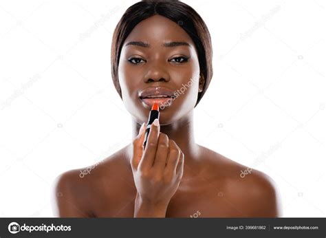 African American Naked Woman Applying Lipstick Isolated White Stock