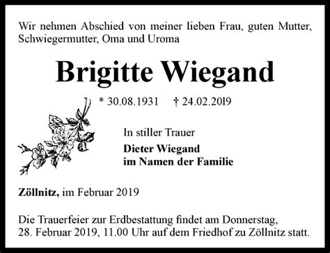 Traueranzeigen Von Brigitte Wiegand Trauer In Thueringen De