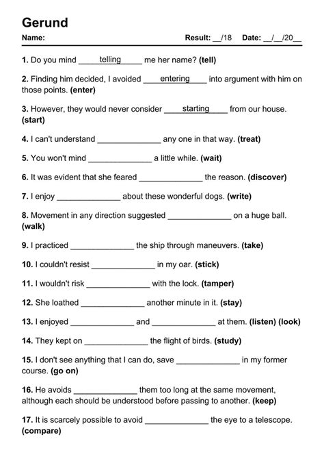 English Grammar Gerunds Worksheets