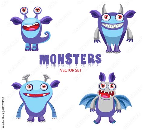 Vector Set Cute Halloween Monsters Mascot Four Funny Cartoon Monsters