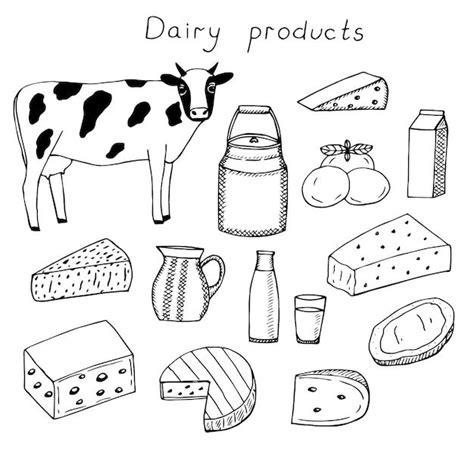 Dairy Products Drawn In Black And White On A White Background With The