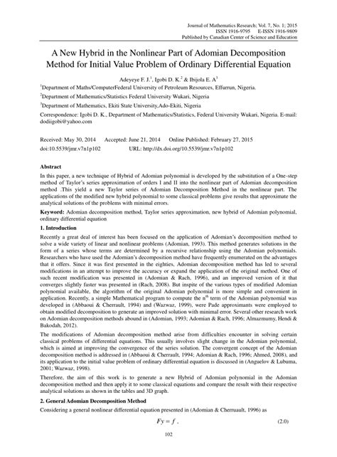 pdf a new hybrid in the nonlinear part of adomian decomposition method for initial value