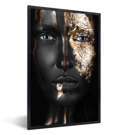 MuchoWow Poster encadré Femme Feuille d or Noir Tableau deco avec