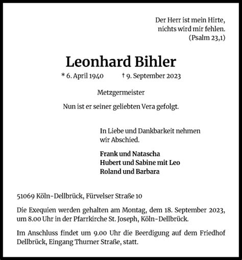 Traueranzeigen Von Leonhard Bihler WirTrauern
