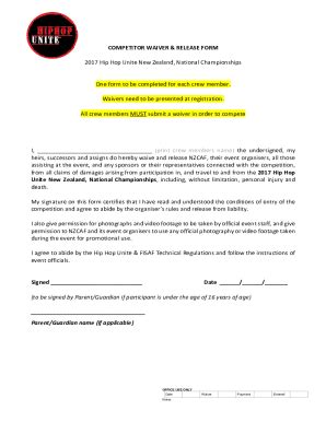 Fillable Online Nzcaf Org COMPETITOR WAIVER RELEASE FORM 2017 Hip Hop