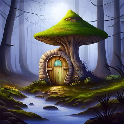 Vibrant Illustration Of Mushroom House In A Mystical Forest With Lots