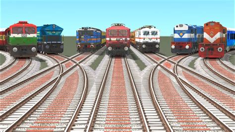 7 TRAINS CROSSING ON BRANCHED CURVED RAILROAD TRACKS ELECTRIC AND